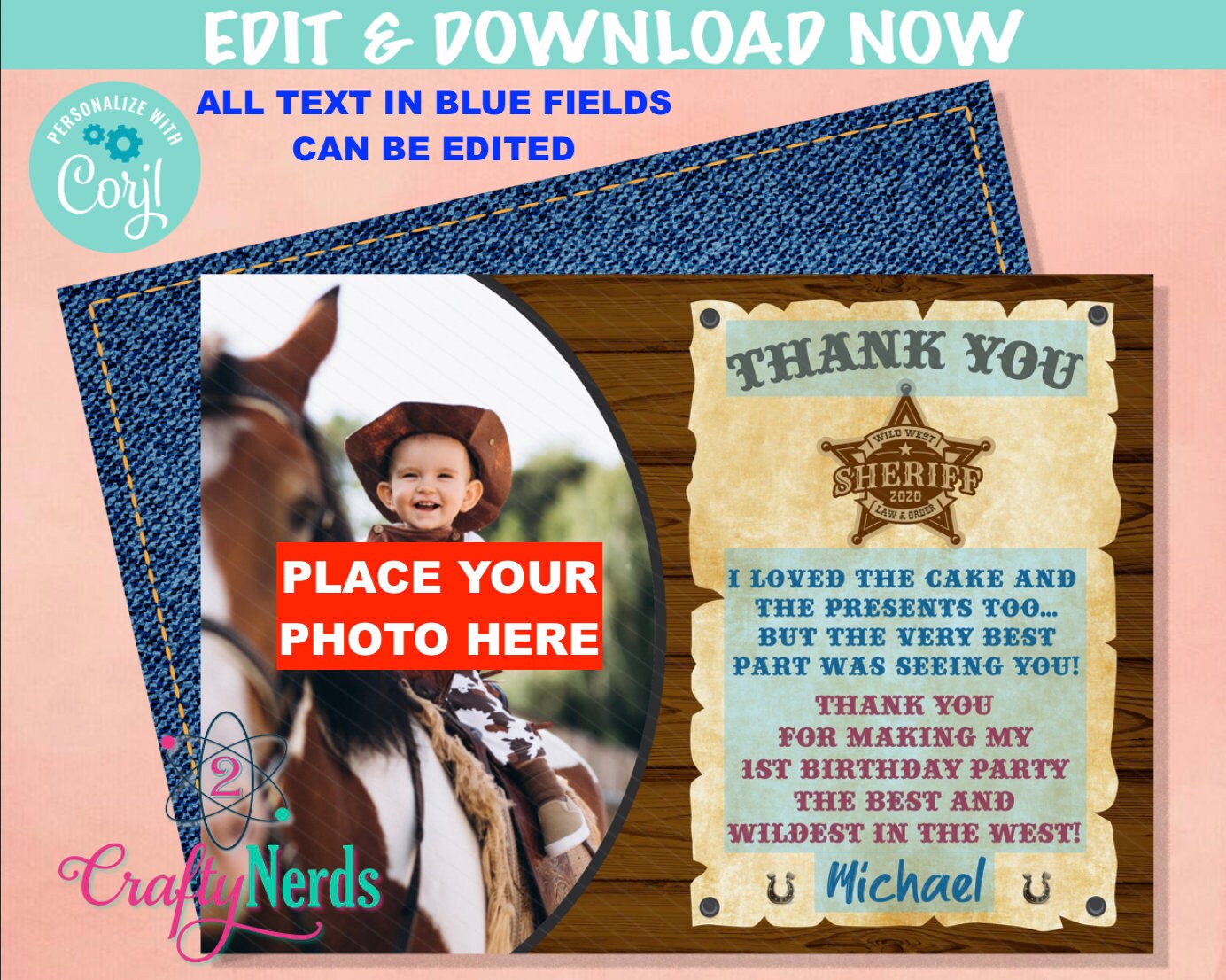 Cowboy Birthday Thank You Card With Photo, Rodeo Birthday Party ...