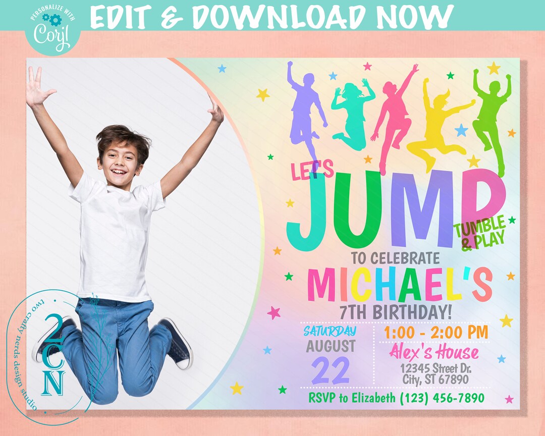 Jump Birthday Invitation With Photo, Bounce Party, Bounce House Pastel ...