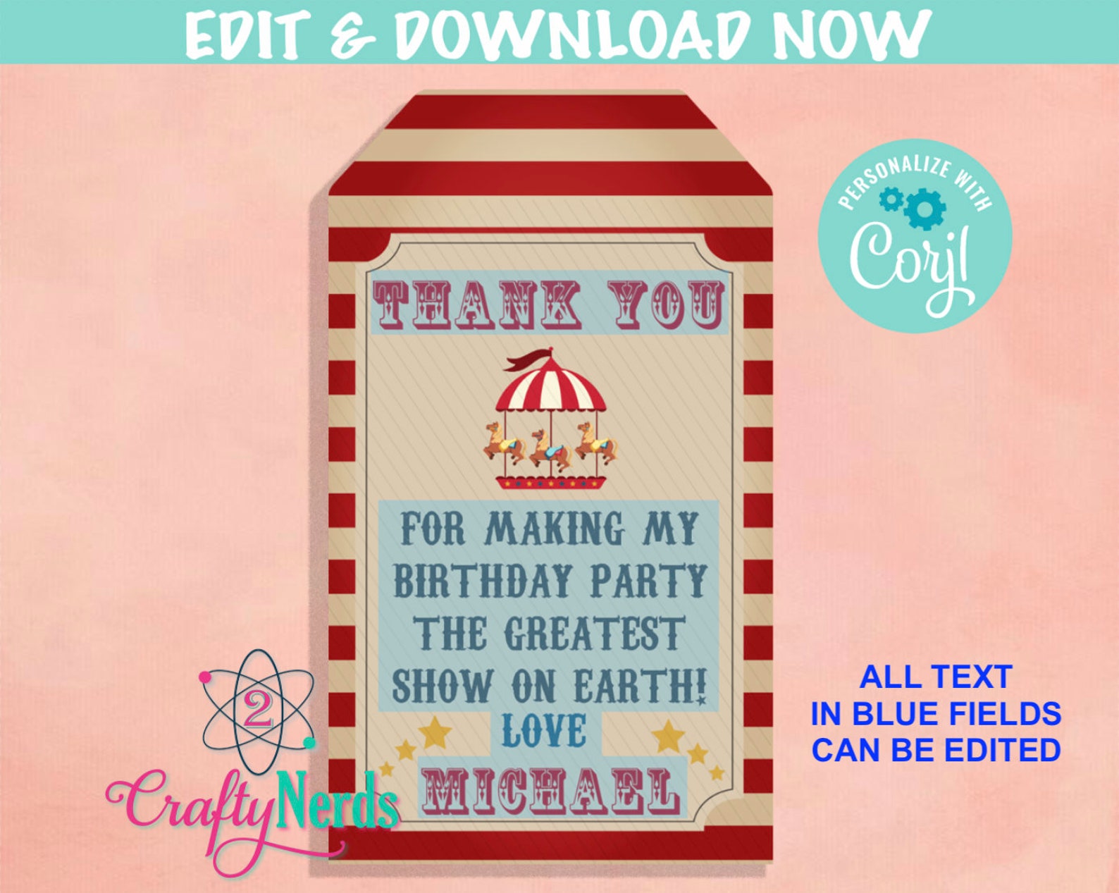 Circus Birthday Thank You Tag, Carnival Birthday Tag Circus Favor Label ...
