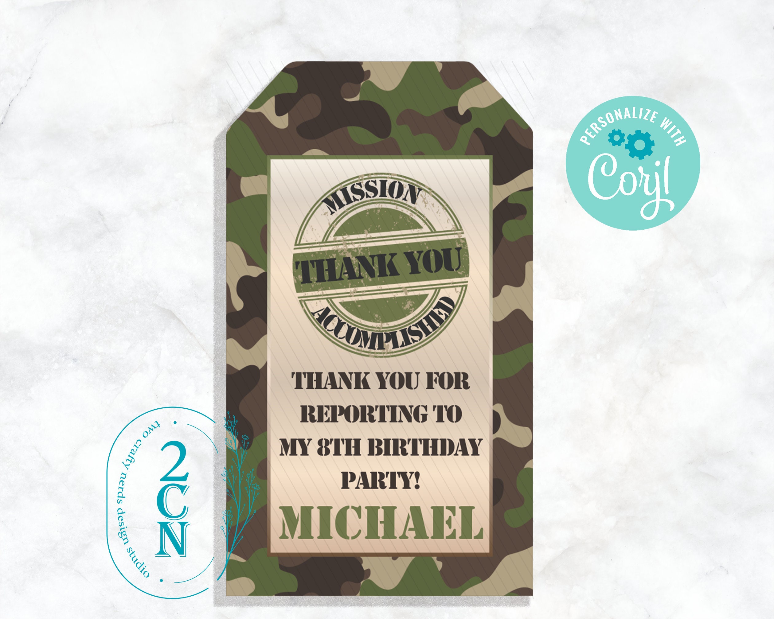 Army Birthday Thank You Tag, Army Tag, Army Label, Army Favor Label ...