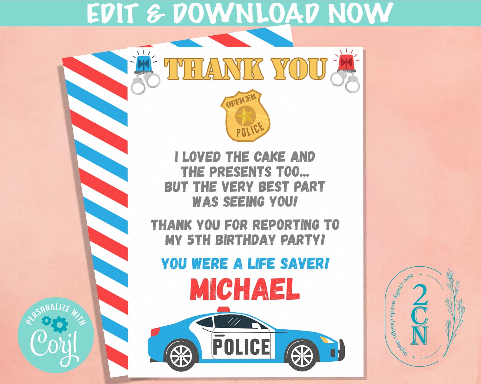 Police Birthday Thank You Card Police Thank You Card Police - Etsy
