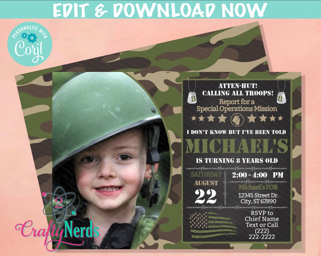 Army Party Birthday Invitation With Photo Military Party Soldier Party army-party-birthday-invitation-with-photo-military-party-soldier-party