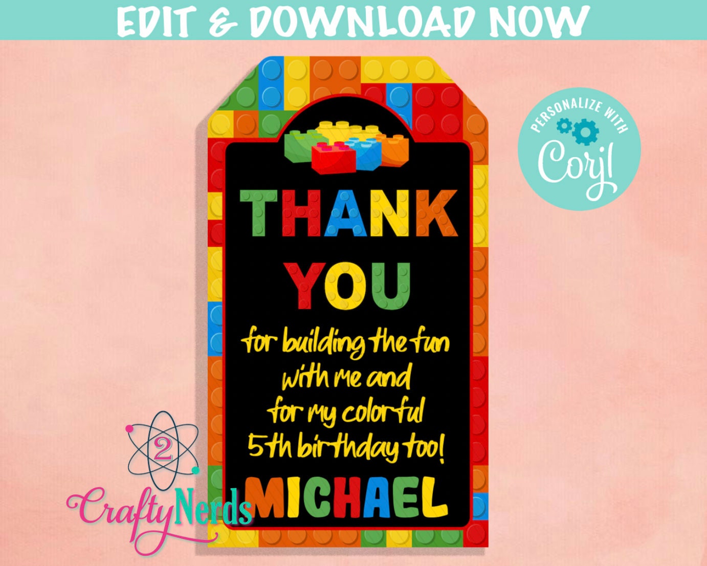 Building Blocks Birthday Thank You Tag, Blocks Birthday Tag Favor Label ...