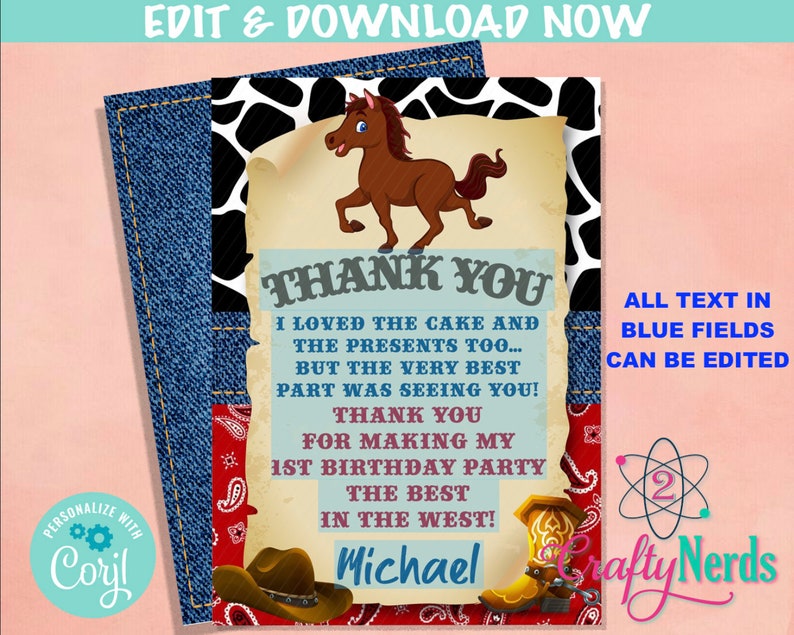 Rodeo Cowboy Birthday Thank You Card, Rodeo Birthday, Rodeo Party ...