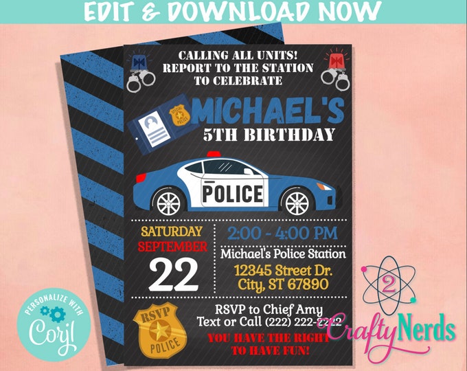 Police Birthday Invitation, Police Party, Cop Theme, Police Theme ...