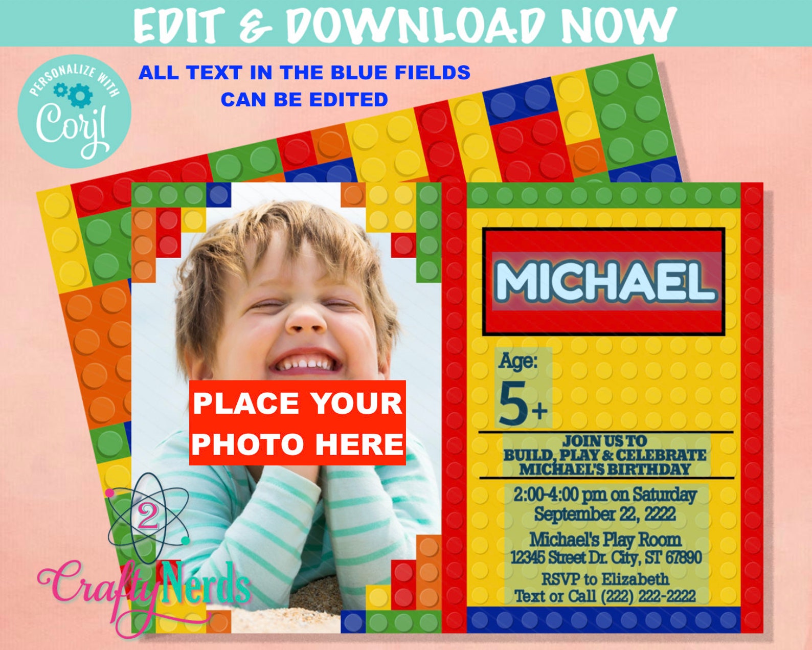 Colorful Building Blocks Birthday Invitation, Digital Invitation, Print ...