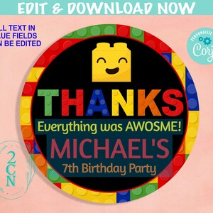 Building Blocks Birthday Thank You Round Label Party Birthday Label Tag ...
