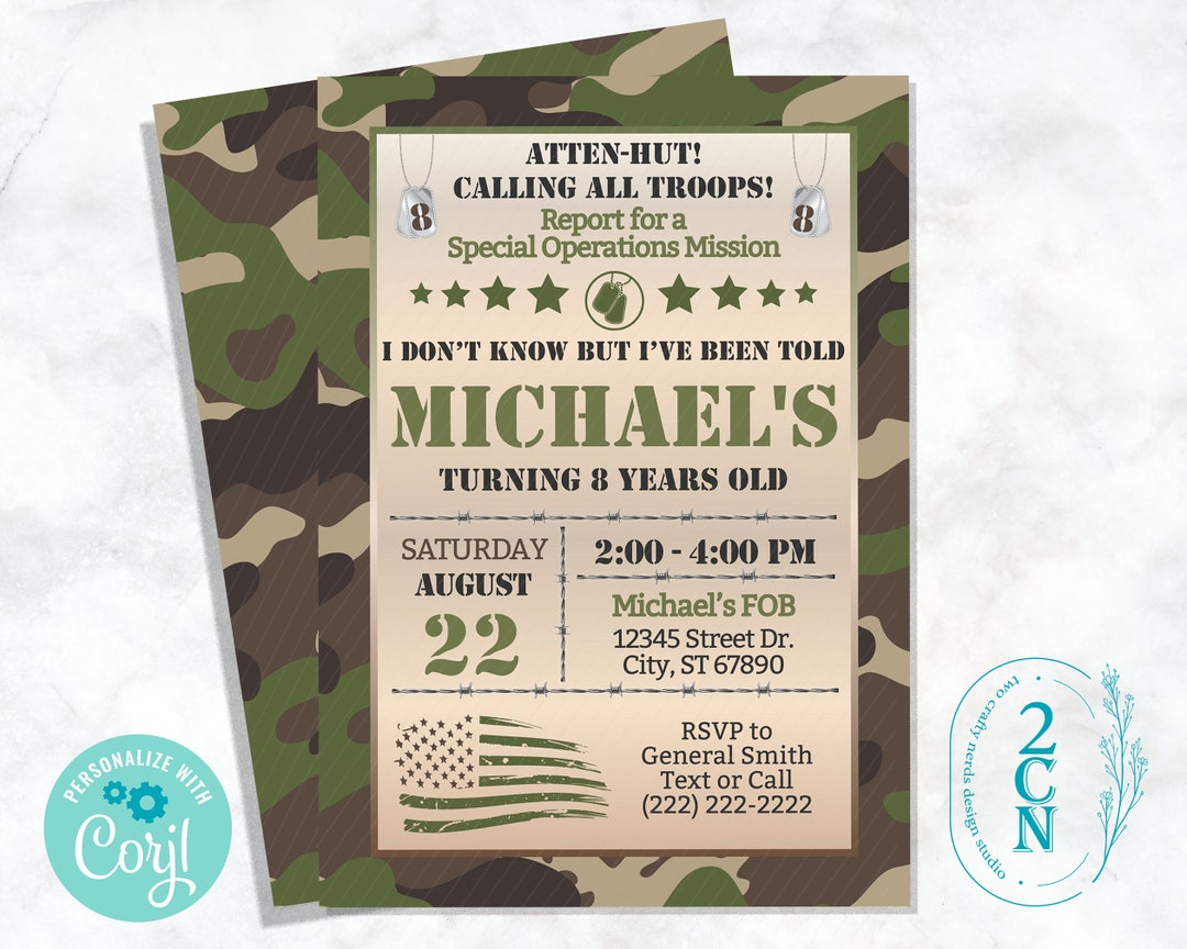 Army Party Birthday Invitation, Military Party, Army Theme, Soldier ...
