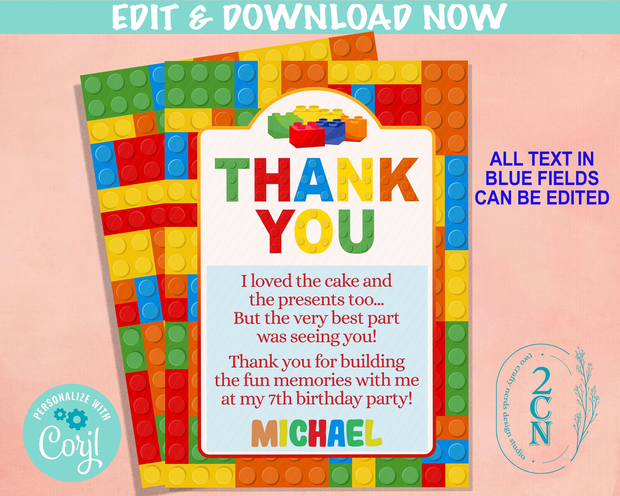 Building Blocks Birthday Thank You Card Blocks Thank You | Etsy