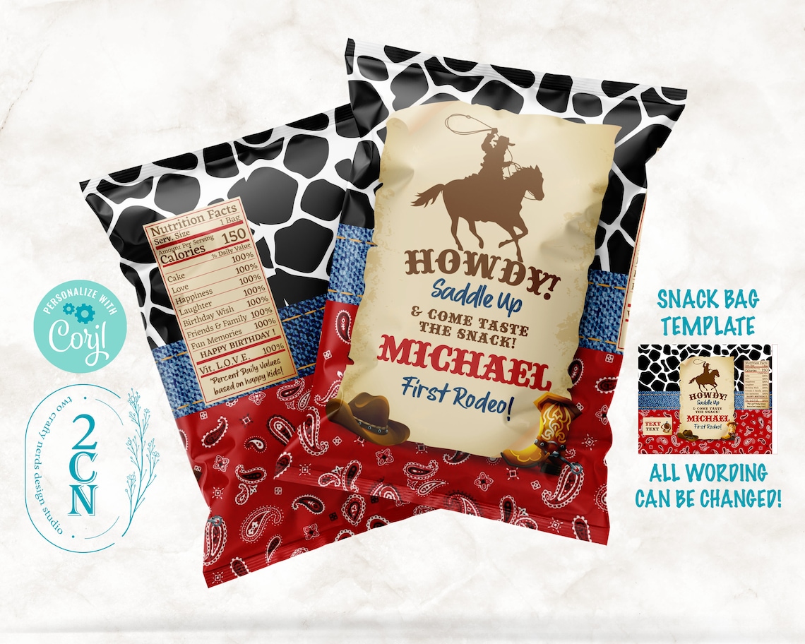 Cowboy Rodeo Birthday Chips Bag, Birthday Popcorn Bag, 1oz Snack Bag ...