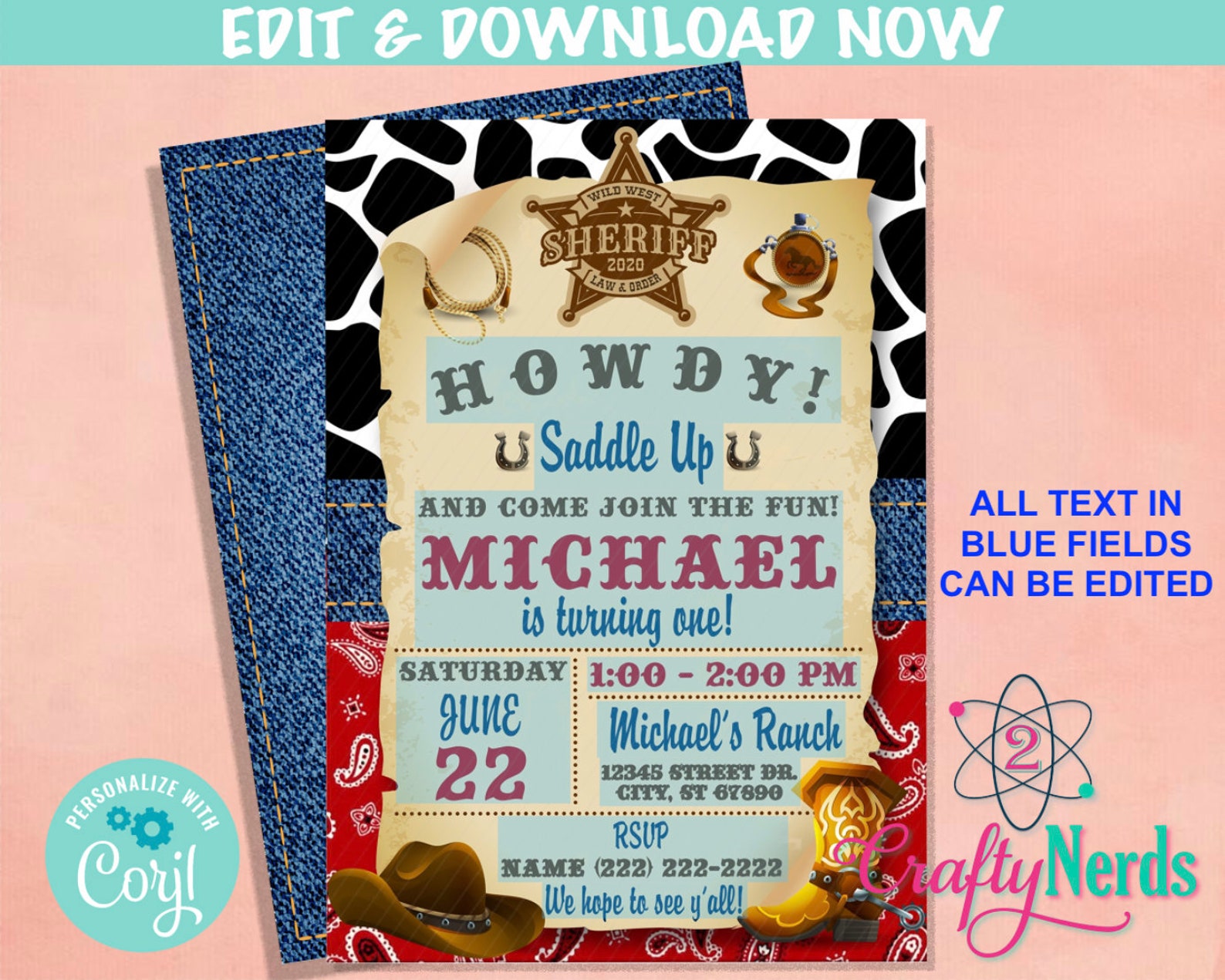 Cowboy Wild West Birthday Invitation, Western Party | Editable Instant ...