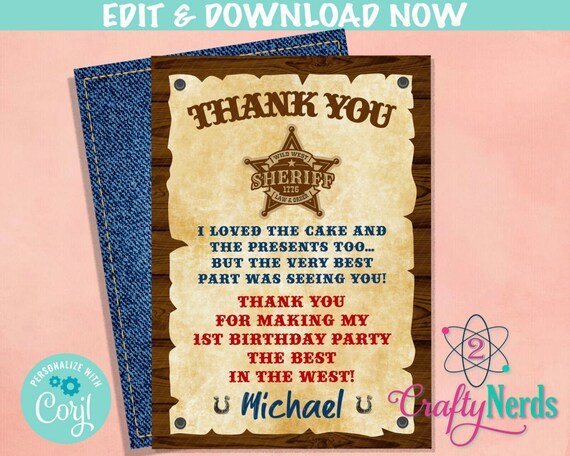 Cowboy Birthday Thank You Card Cowboy Birthday Cowboy Party | Etsy