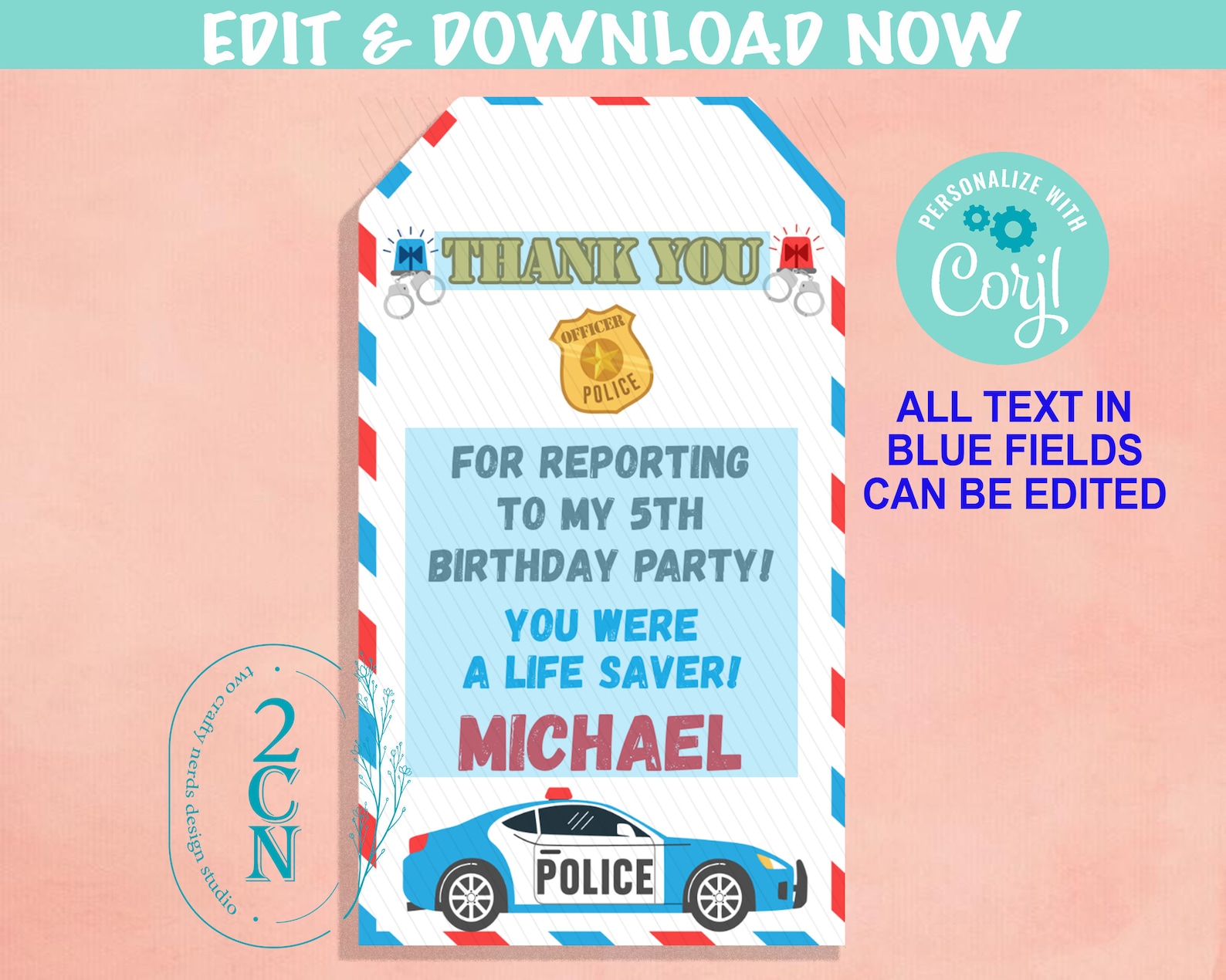 Police Birthday Thank You Tag, Police Tag, Police Label Cop Birthday ...