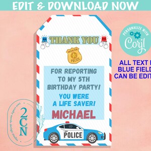 Police Birthday Thank You Tag, Police Tag, Police Label Cop Birthday ...