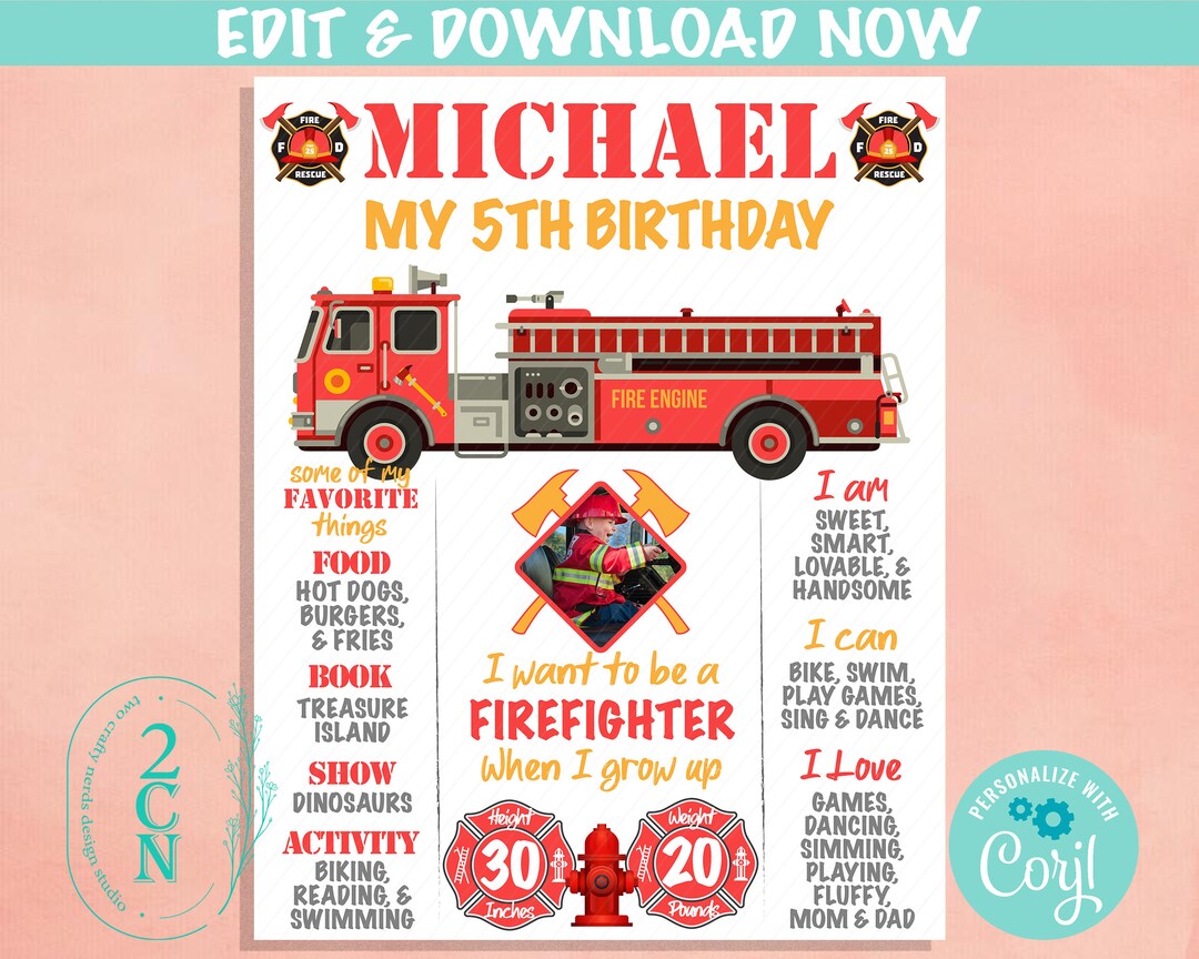 Firefighter Birthday Sign With Photo, Fireman Birthday Board Milestone ...