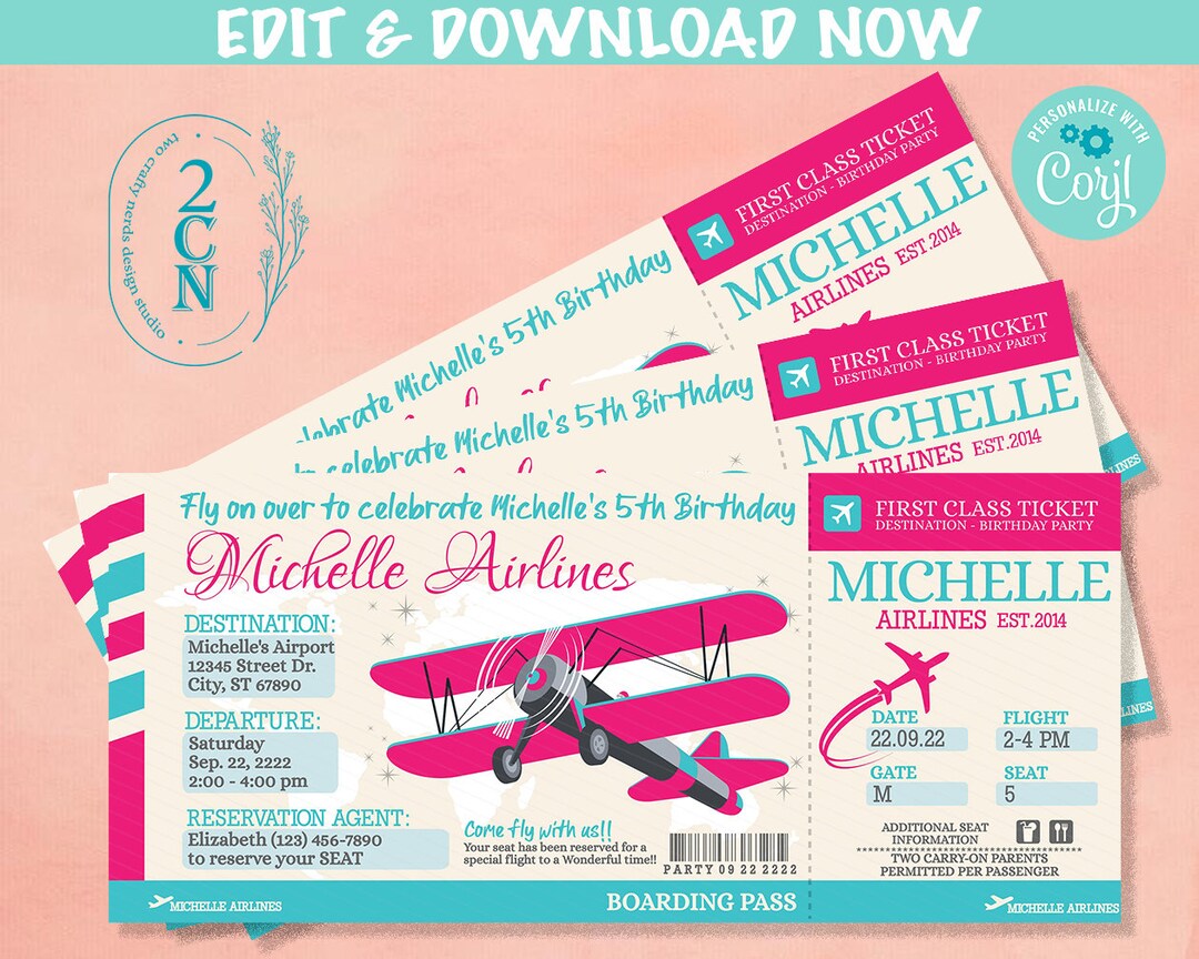 Airplane Ticket Birthday Invitation, Airplane Party, Plane Invitation ...