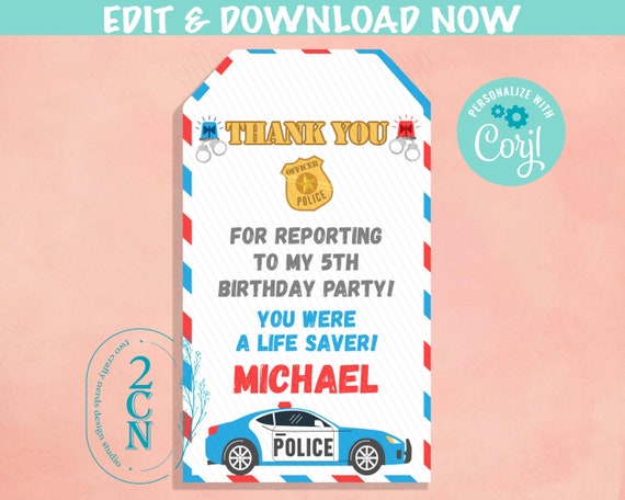 Police Birthday Thank You Tag Police Tag Police Label Cop - Etsy