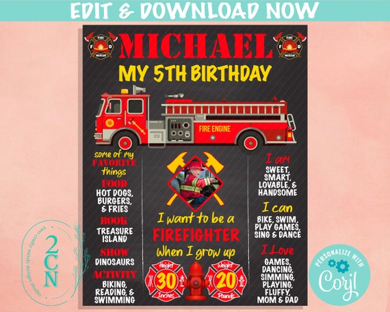 Firefighter Birthday Sign With Photo Fireman Birthday Board | Etsy