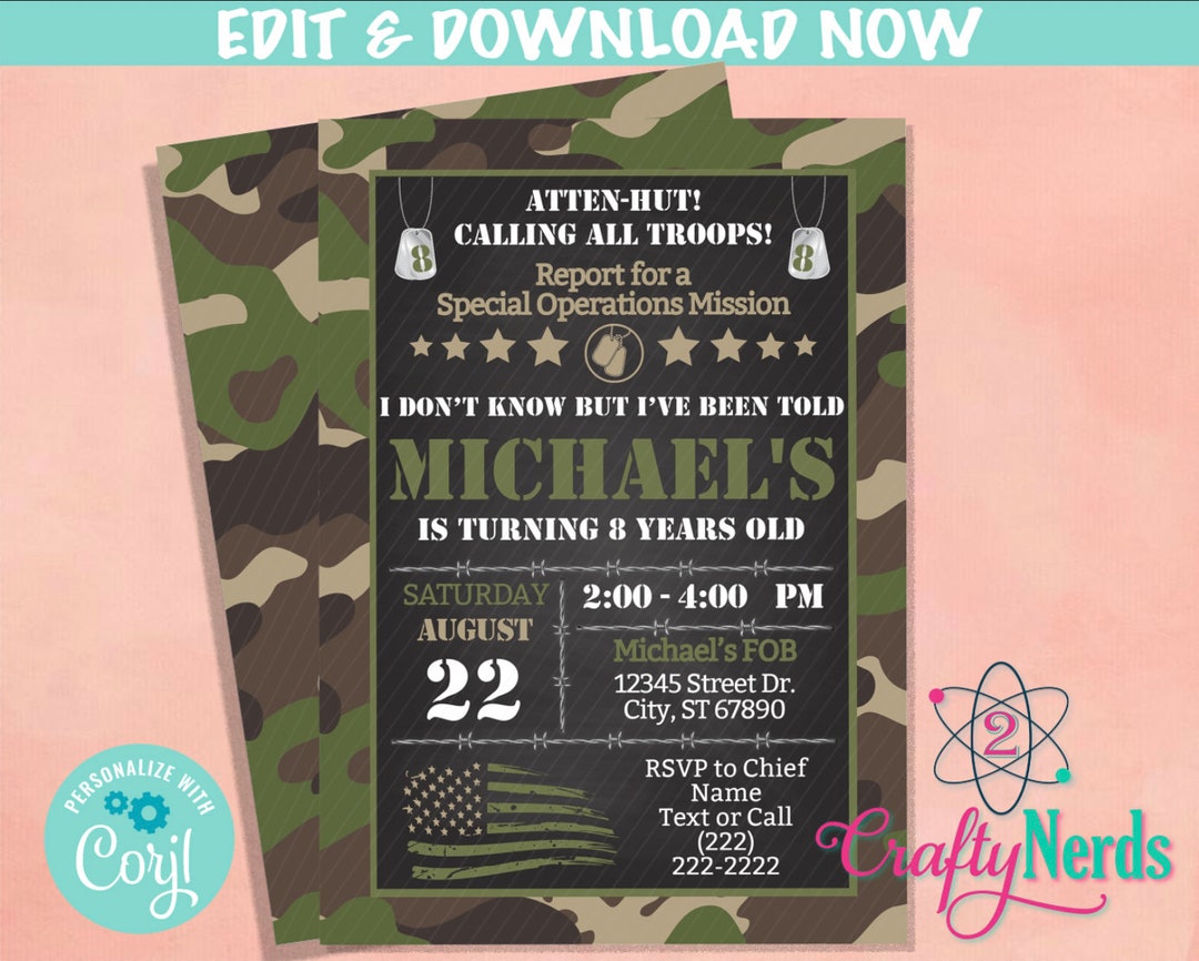Army Party Birthday Invitation, Military Party, Army Theme, Soldier ...
