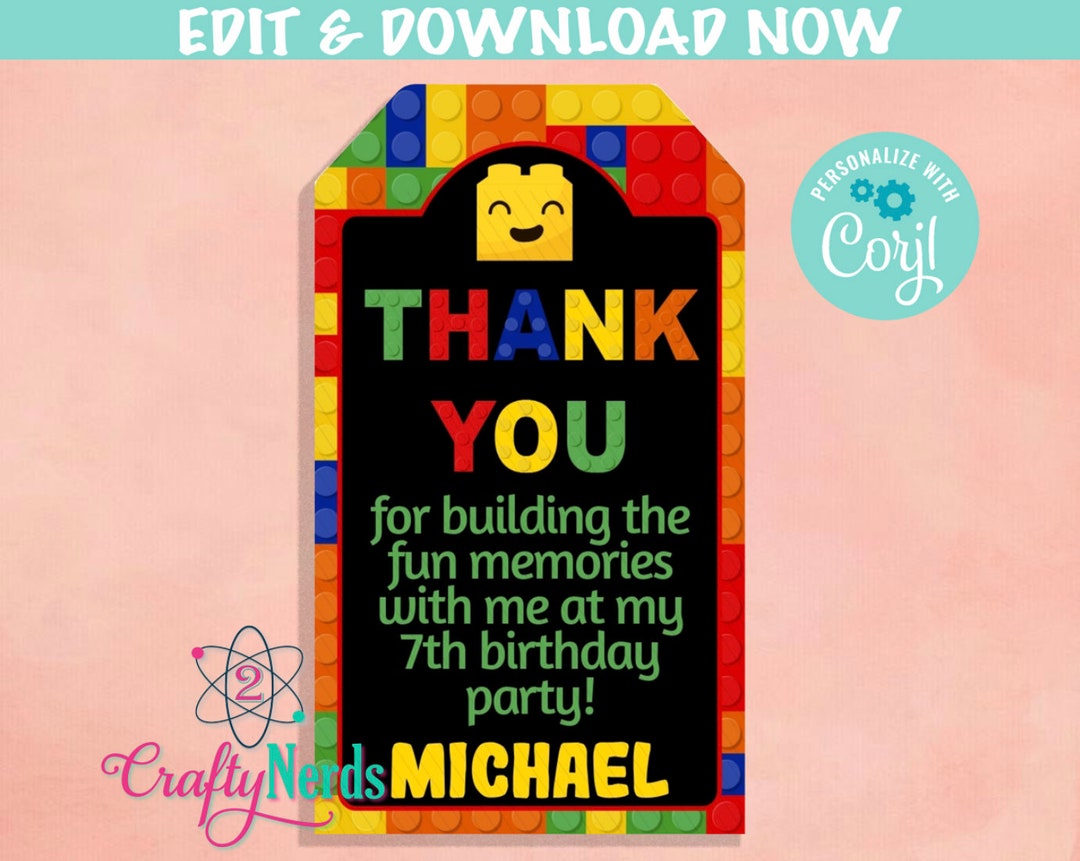 Building Blocks Birthday Thank You Tag, Blocks Birthday Tag Favor Label ...