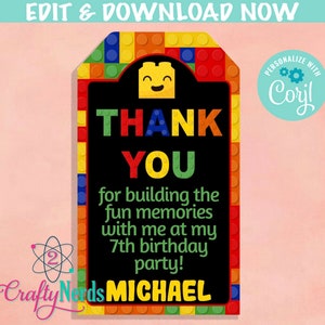Building Blocks Birthday Thank You Tag, Blocks Birthday Tag Favor Label ...