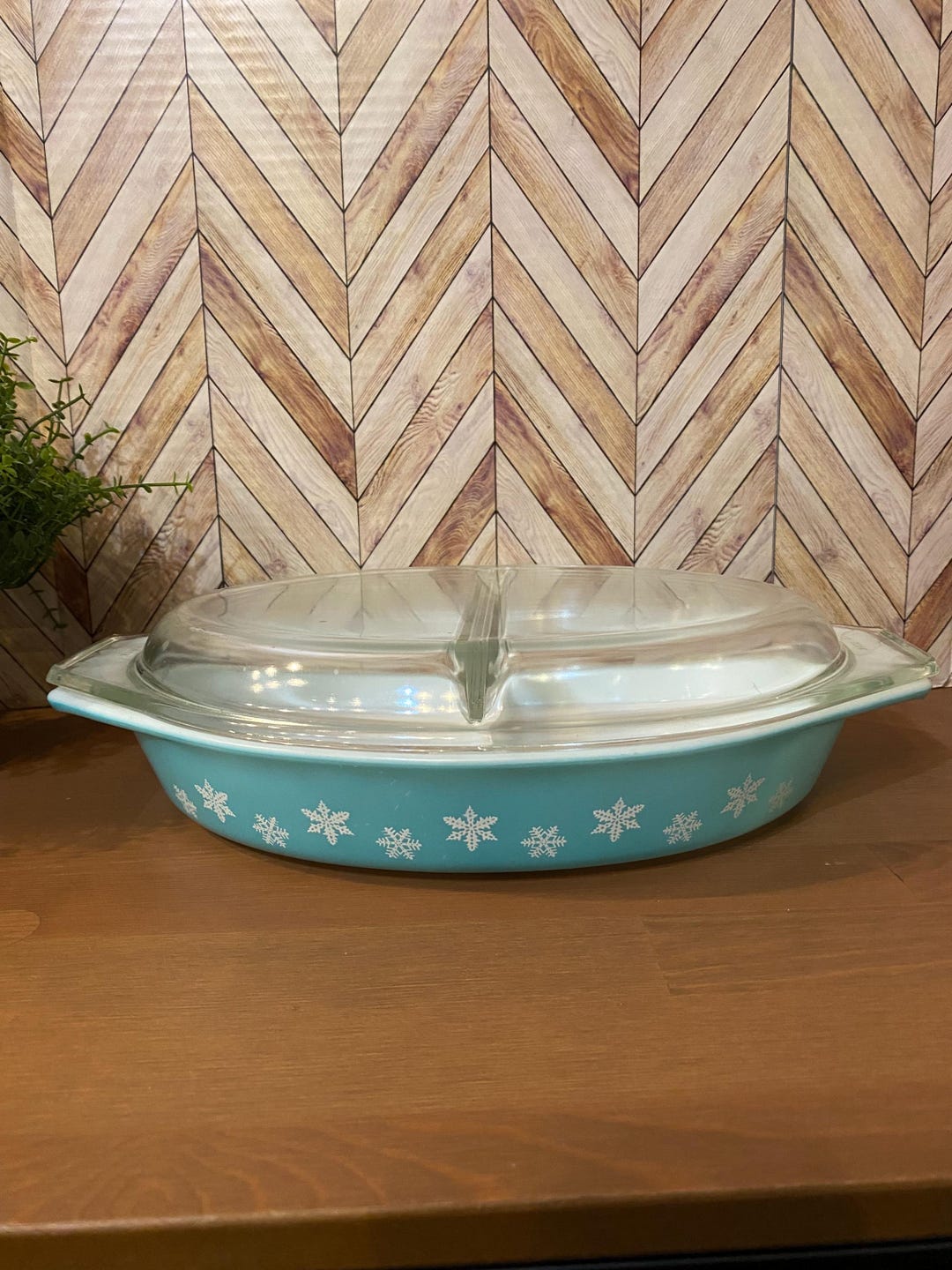 Vintage Pyrex Turquoise Snowflake Oval Divided Casserole Dish W ...