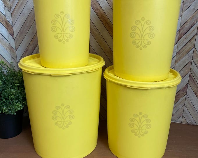 Vintage Tupperware Canister Set of 4- Bright Yellow With Scroll Wheat ...