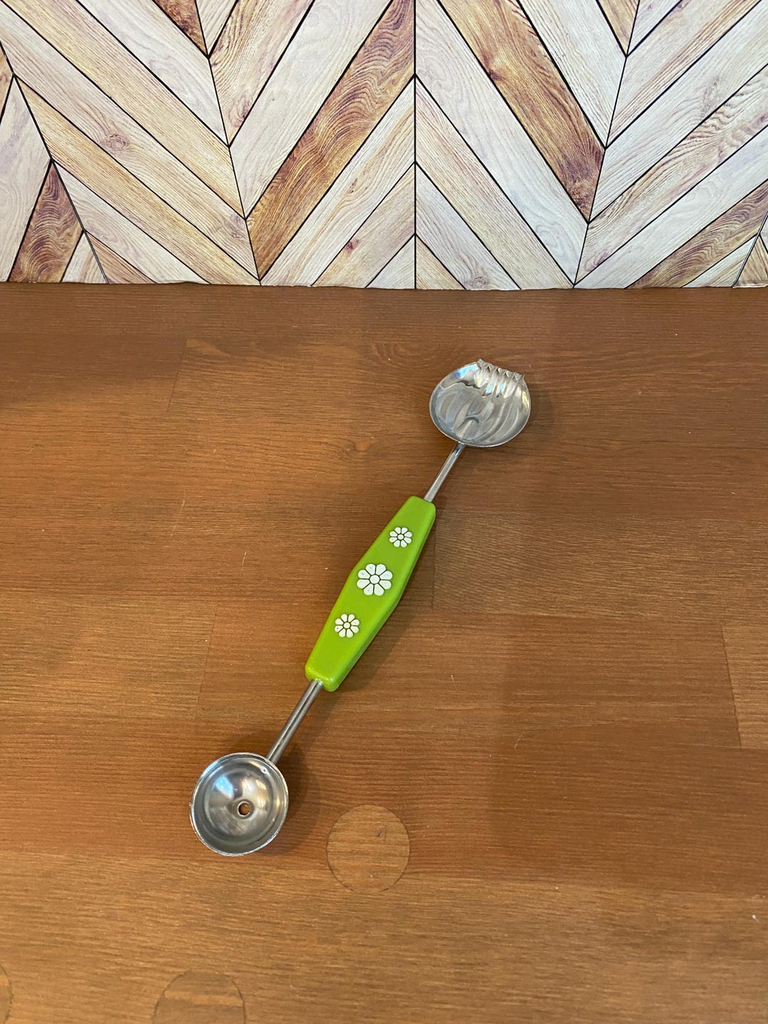 Vintage Melon Baller and Butter Curler Green Flower Power Chrome Plated ...