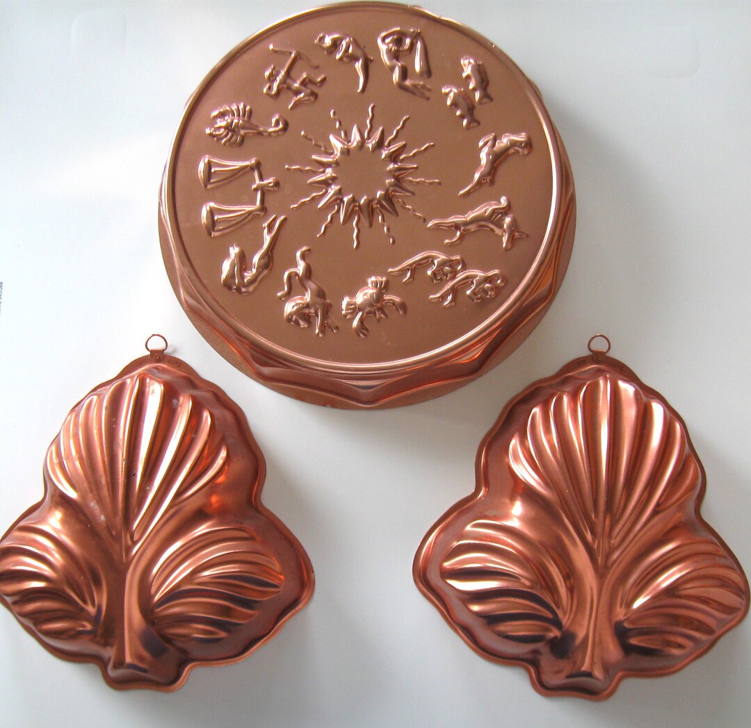3 Large Vintage Copper Tone Molds, 12" Largest, Zodiac Signs, Sunburst ...