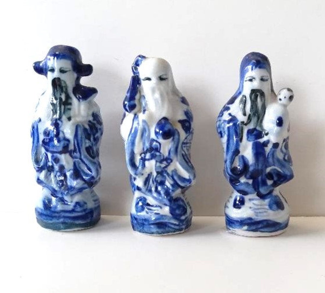 3 Vintage Porcelain Chinese Wise Men, 4" Tall, Asian Gods, Chinoiserie ...