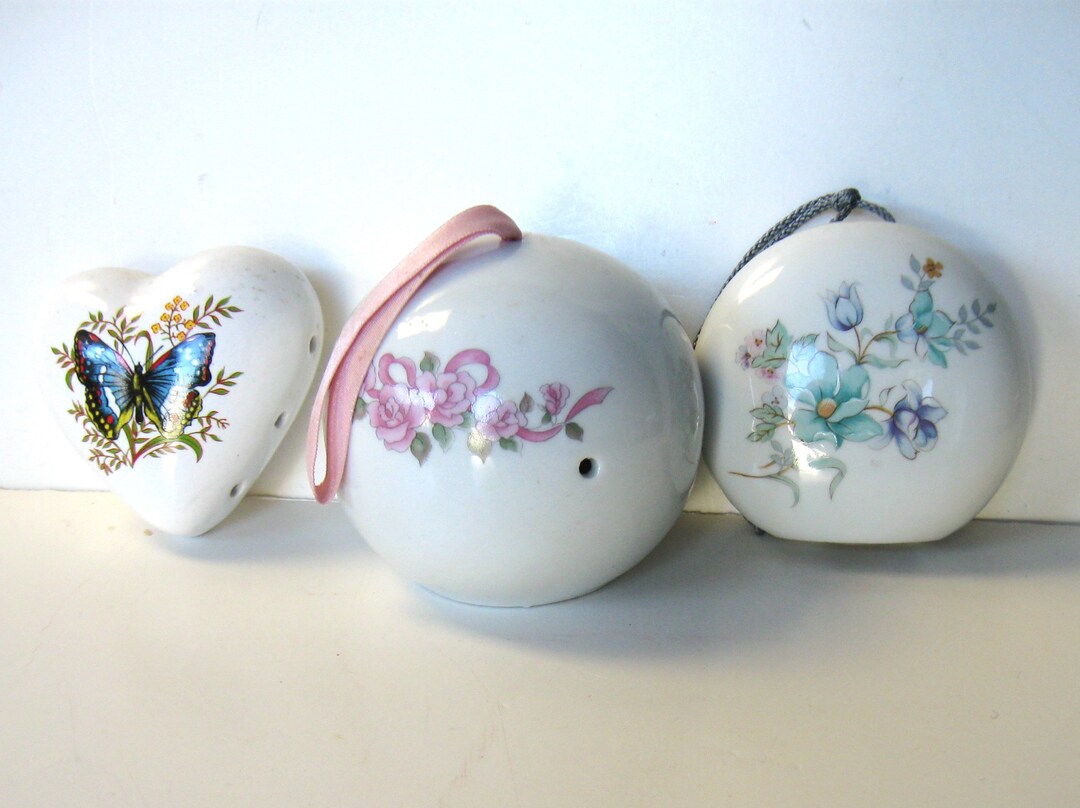 3 Ceramic Potpourri Containers, Round, Heart Shaped, Butterfly, Pink ...