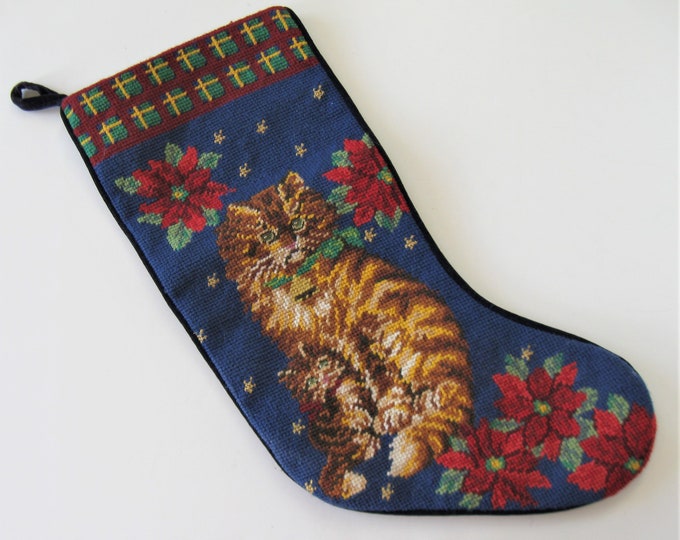 Vintage Tabby Cat Needlepoint Christmas Stocking, Poinsettias ...
