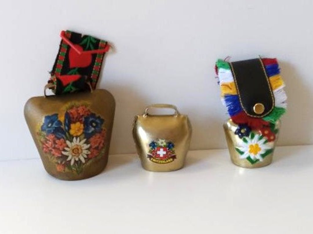 Bundle of 3 Vintage Swiss Cow Bells Edelweiss Flower Bavarian Souvenir ...