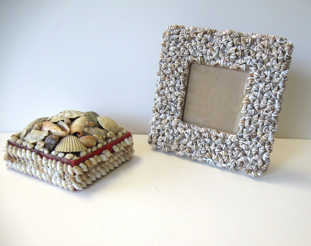 Set of Vintage Sea Shell Box and Shell Photo Frame, Shell Trinket Box ...