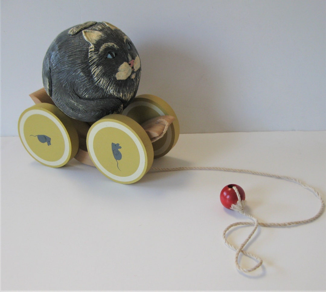 Vintage BRIERE Folk Art Pull Toy 1988 Gray Cat and Cart Roly - Etsy