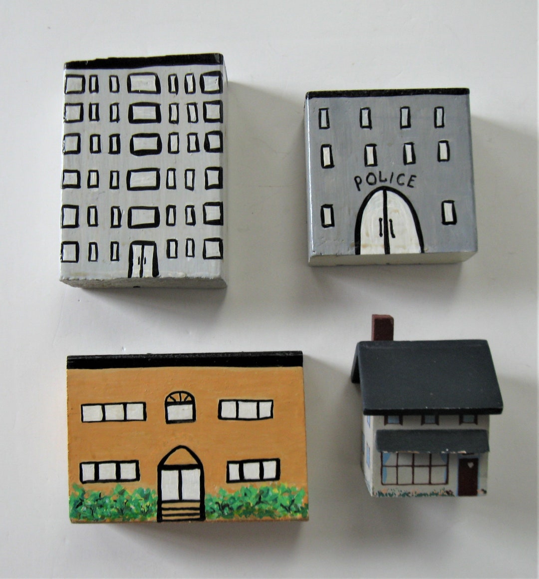Set of 4 Vintage Hand Painted Wood Village Buildings, Tallest 4 3/4 ...