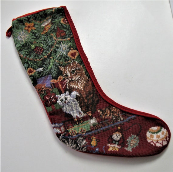 Vintage needlepoint cat and kittens Christmas stocking | Etsy