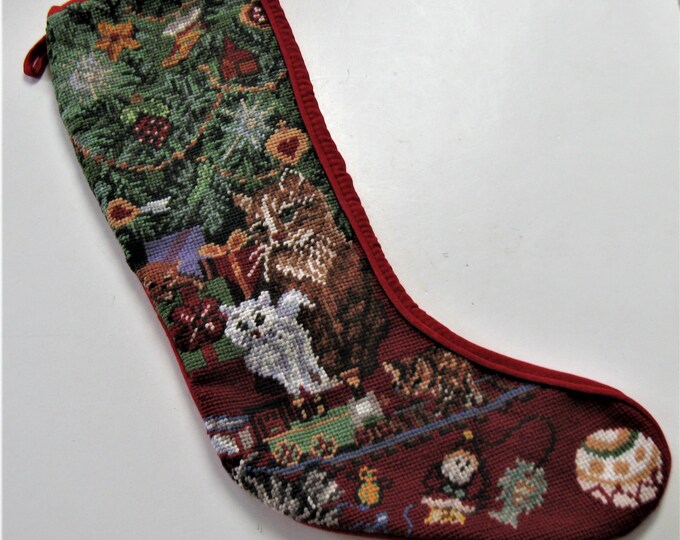 Vintage Needlepoint Cat and Kittens, Christmas Stocking, 20", Fireplace ...