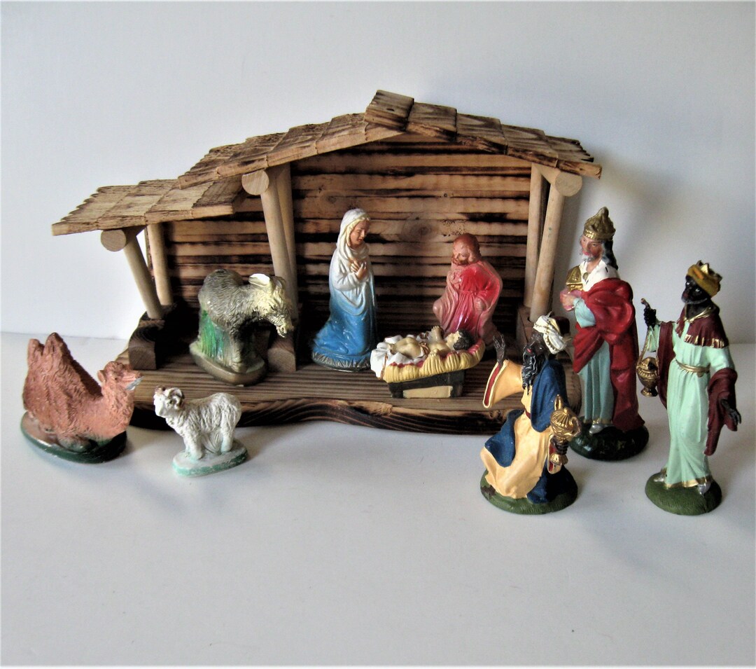 SALE, Vintage Nativity Set, 12 X 7, 9 Antique Creche Figures, Rustic ...
