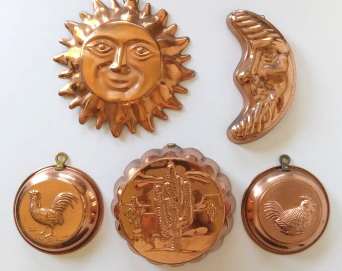 5 Vintage Copper Molds, 9" Largest, Sun and Moon Wall Hangings, Jell-o ...