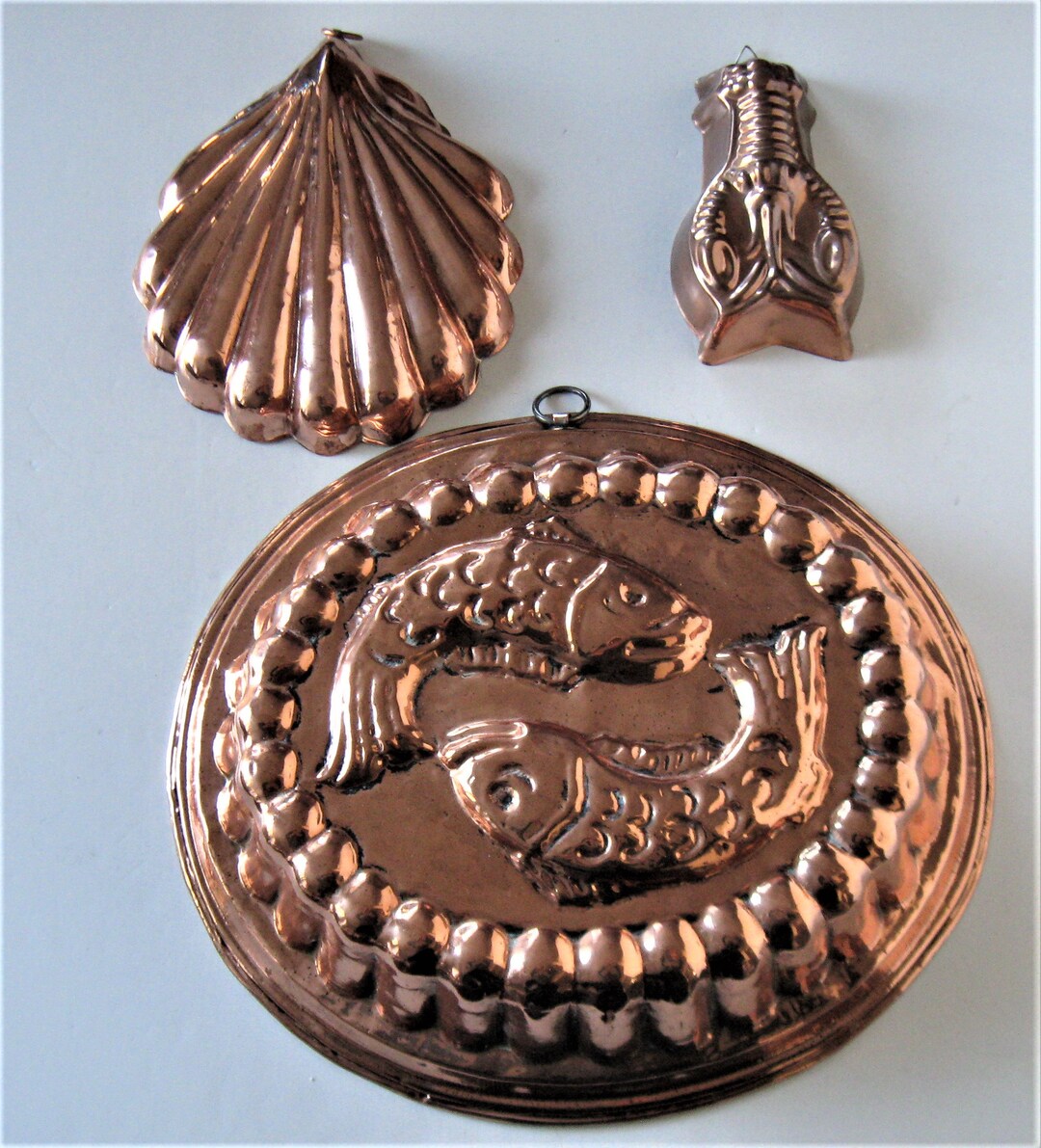 3 Nautical Vintage Copper Molds, 14 X 12, Largest, Fish, Lobster ...