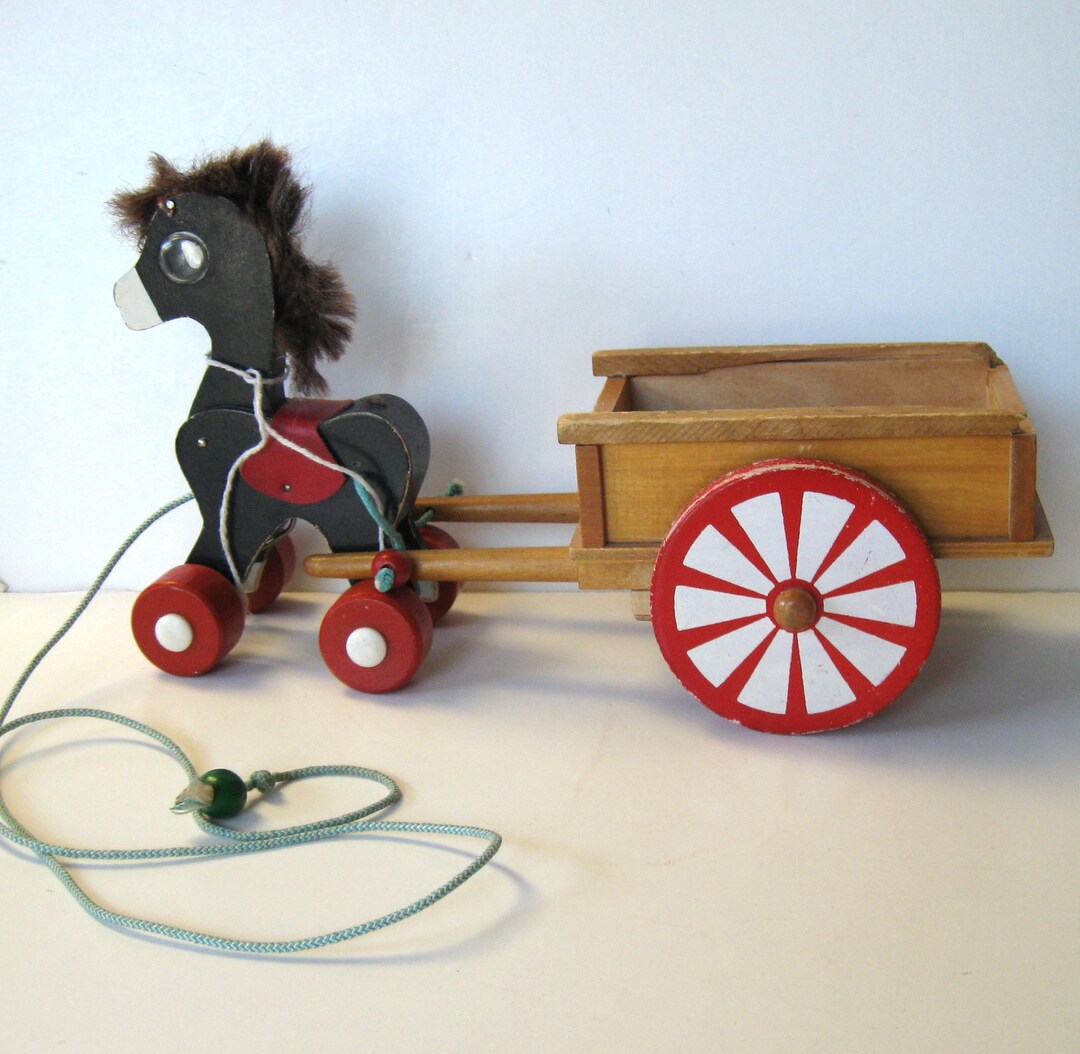 Antique Donkey and Cart Pull Toy, 12 X 7, Painted Wood Vintage Pull Toy ...