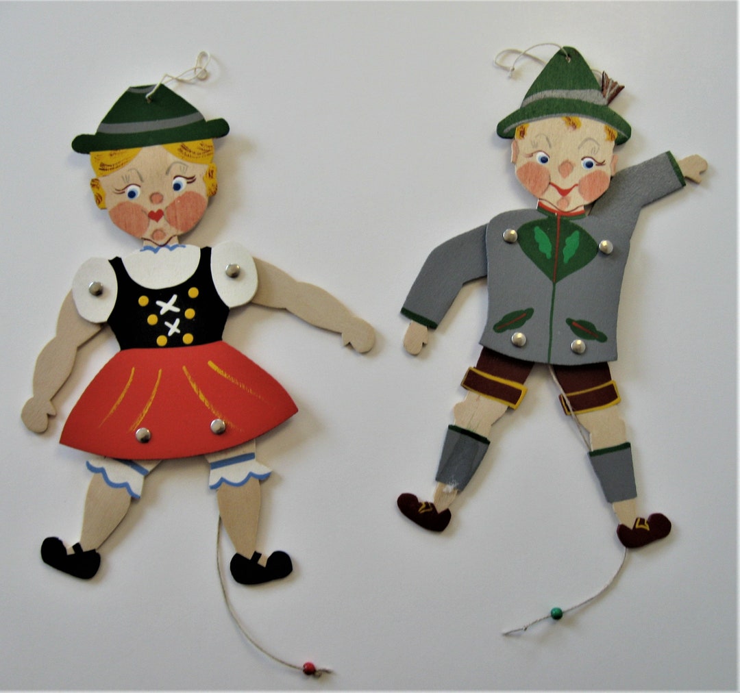 2 Large West German String Toys, 10, Painted Wood Pull String Toy With ...