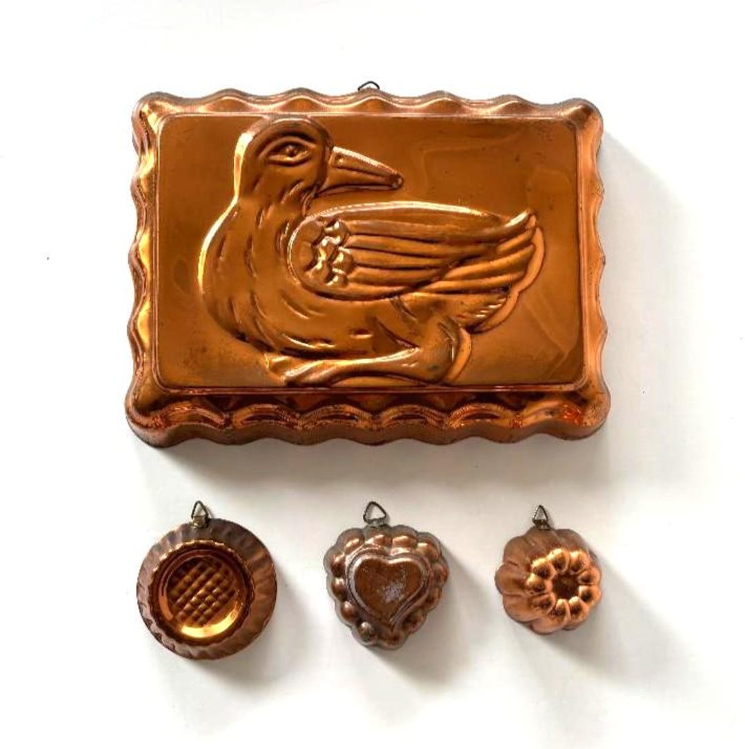 Bundle of 4 Vintage Copper Molds, 12" X 9" Largest, Fruit, Duck, Heart, French Country Farmhouse ...