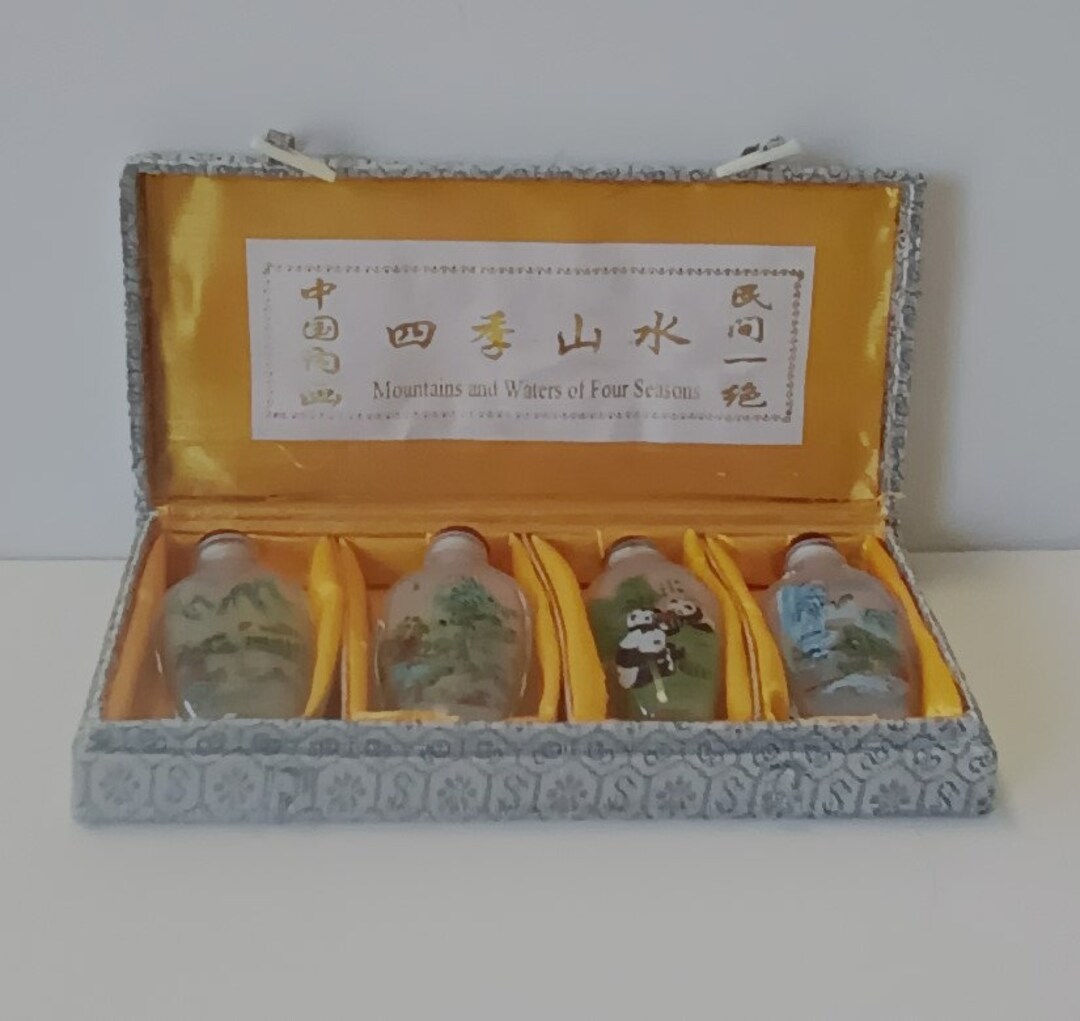Set of 4 Vintage Reverse Painted Snuff Bottles in Box, Perfume Bottles ...