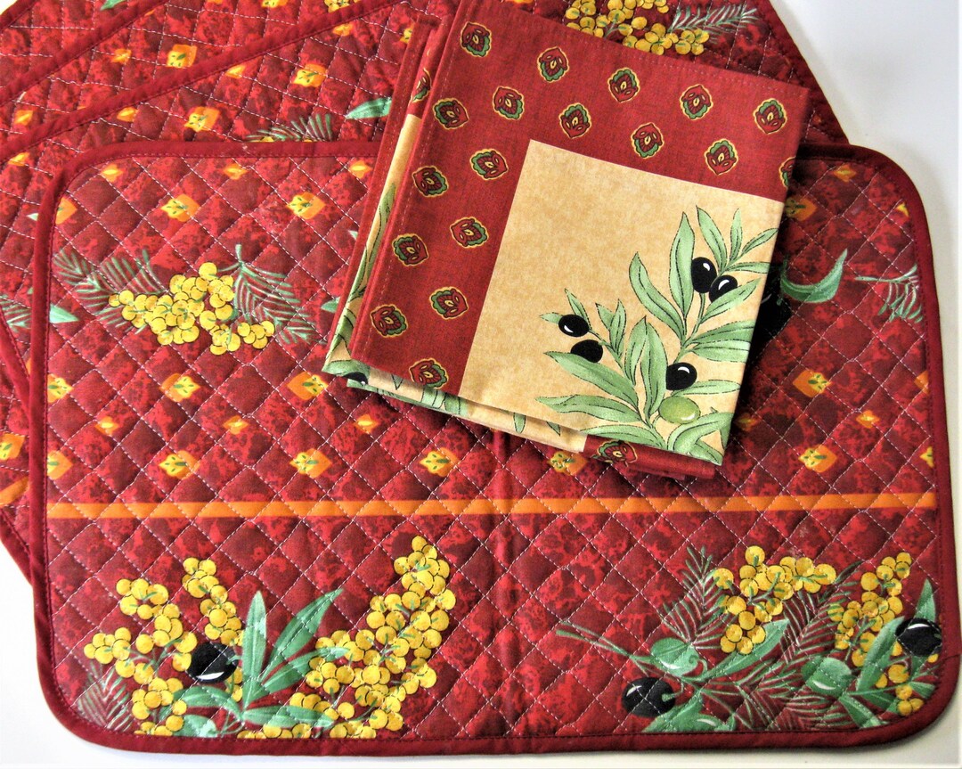 4 Vintage French Quilted Cotton Placemats With 4 Napkins, Red and ...
