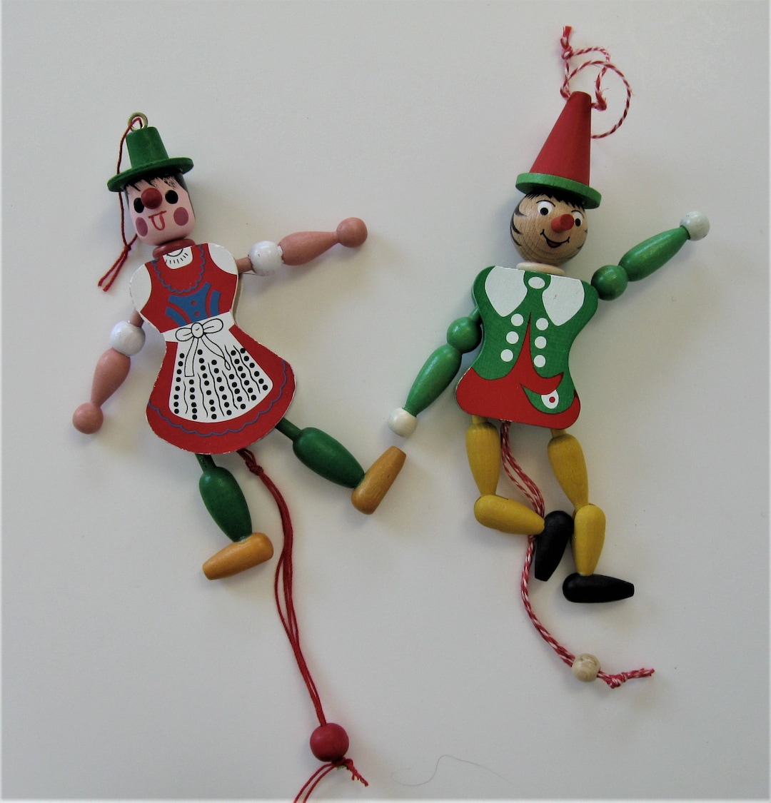 Pair of Vintage String Wood Pull Toy Dolls, Painted Wood, Hampelmann ...
