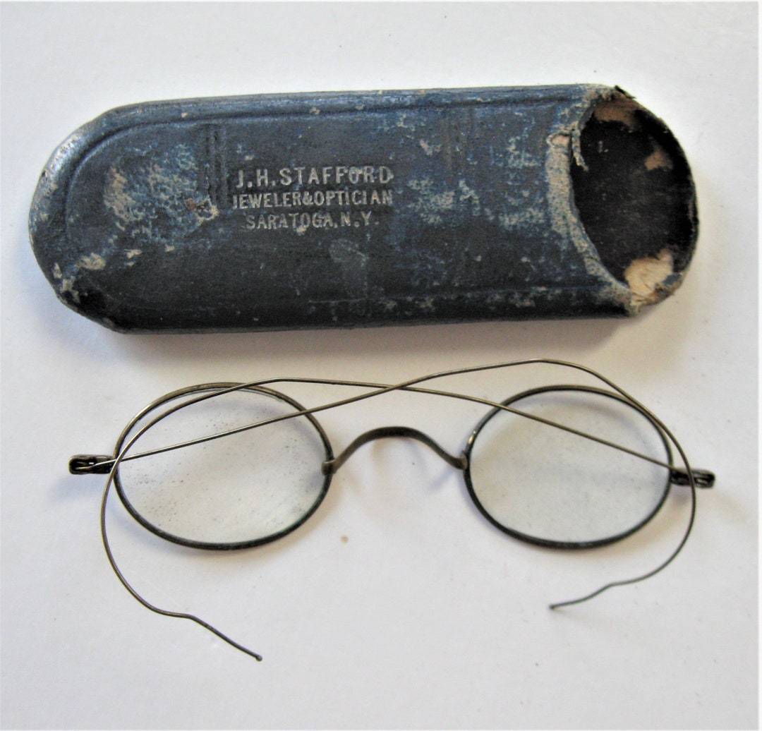 Antique Gold Tone Wire Rimmed Eyeglasses, Metal Eyeglass Case, Stage ...