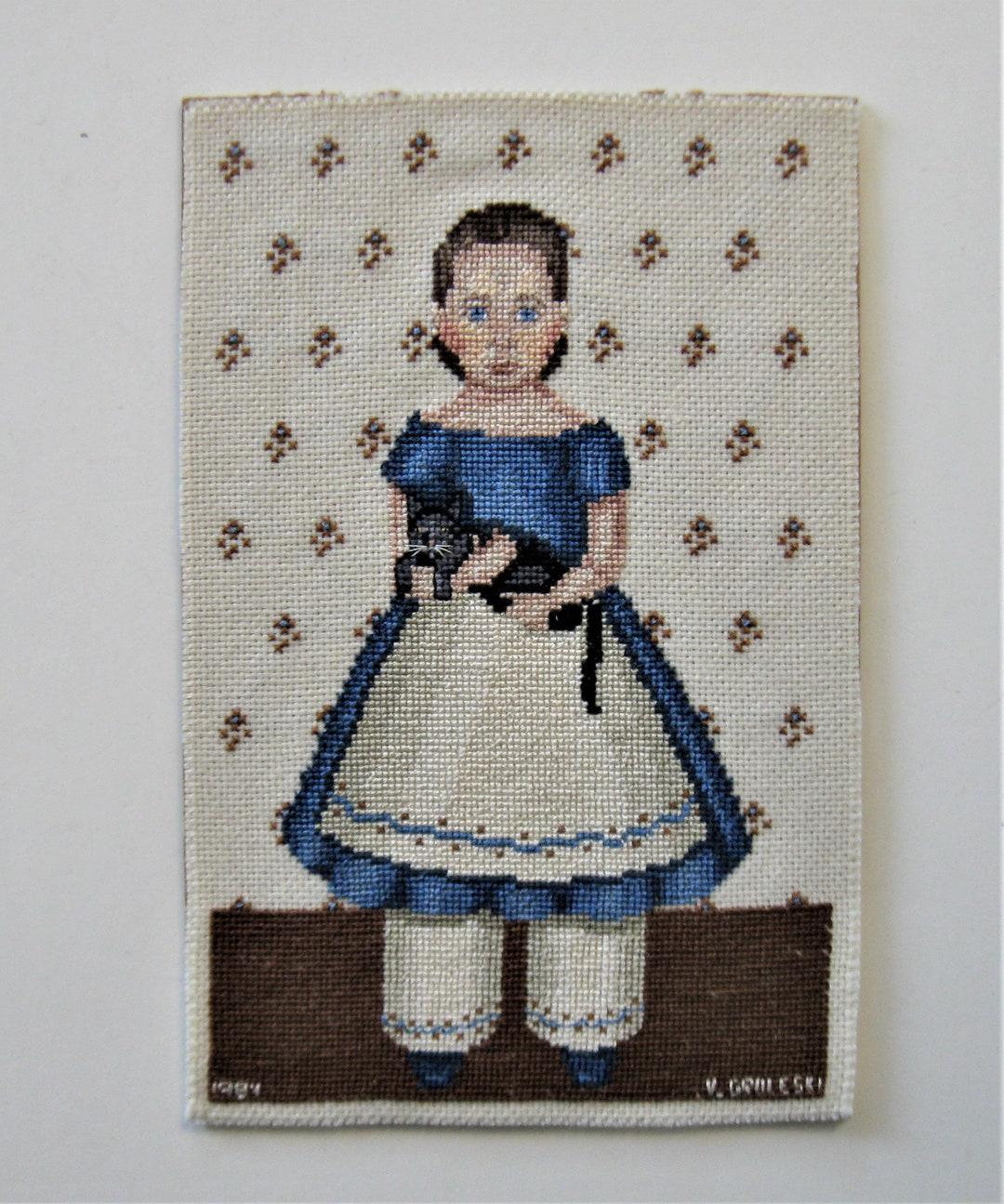 Handmade Vintage Needlepoint, Girl With Cat, 9" X 6", Finished Hand ...