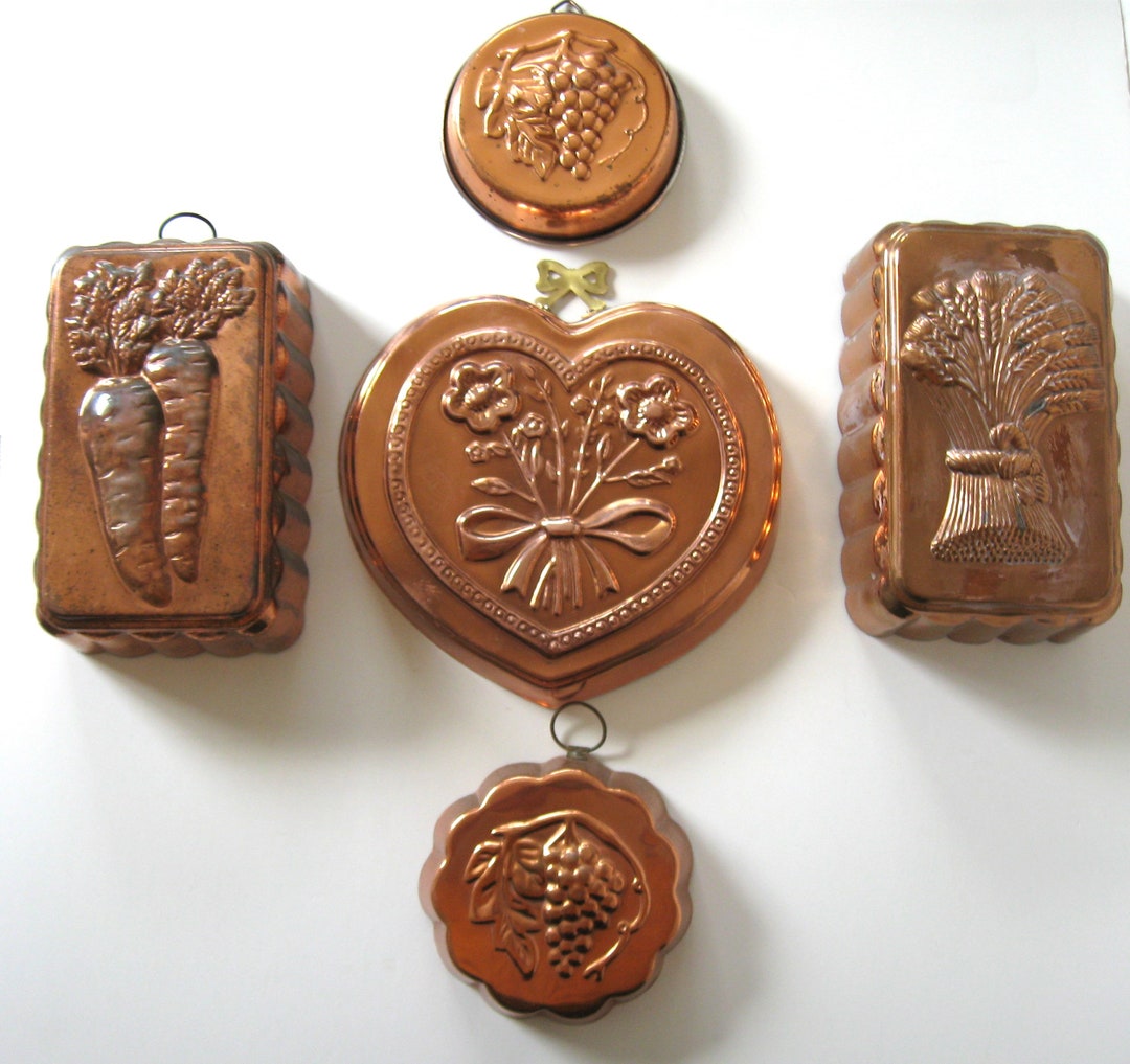 4 Vintage Copper Wall Molds, 8" Tall, Wheat, Carrots, Fruit Basket ...